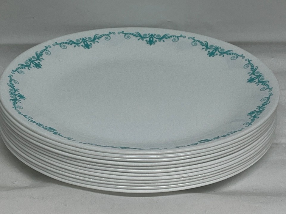 Set of 12 Corelle Garden Lace 10½ Dinner Plates Teal Blue Corning ...