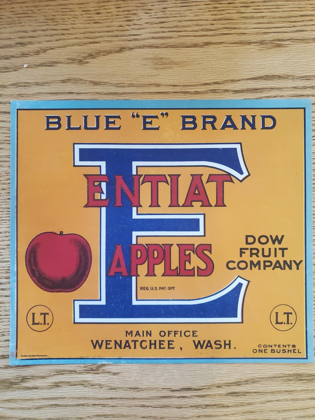 Original Full Size Blue E Brand Wood Apple Crate Label, Dow Fruit Co ...