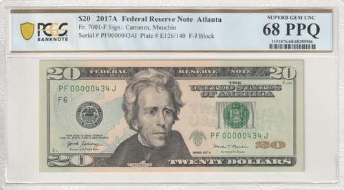 2017A $20 Fancy Low Serial Number 00000434 PCGS 68 PPQ Top Pop | eBay