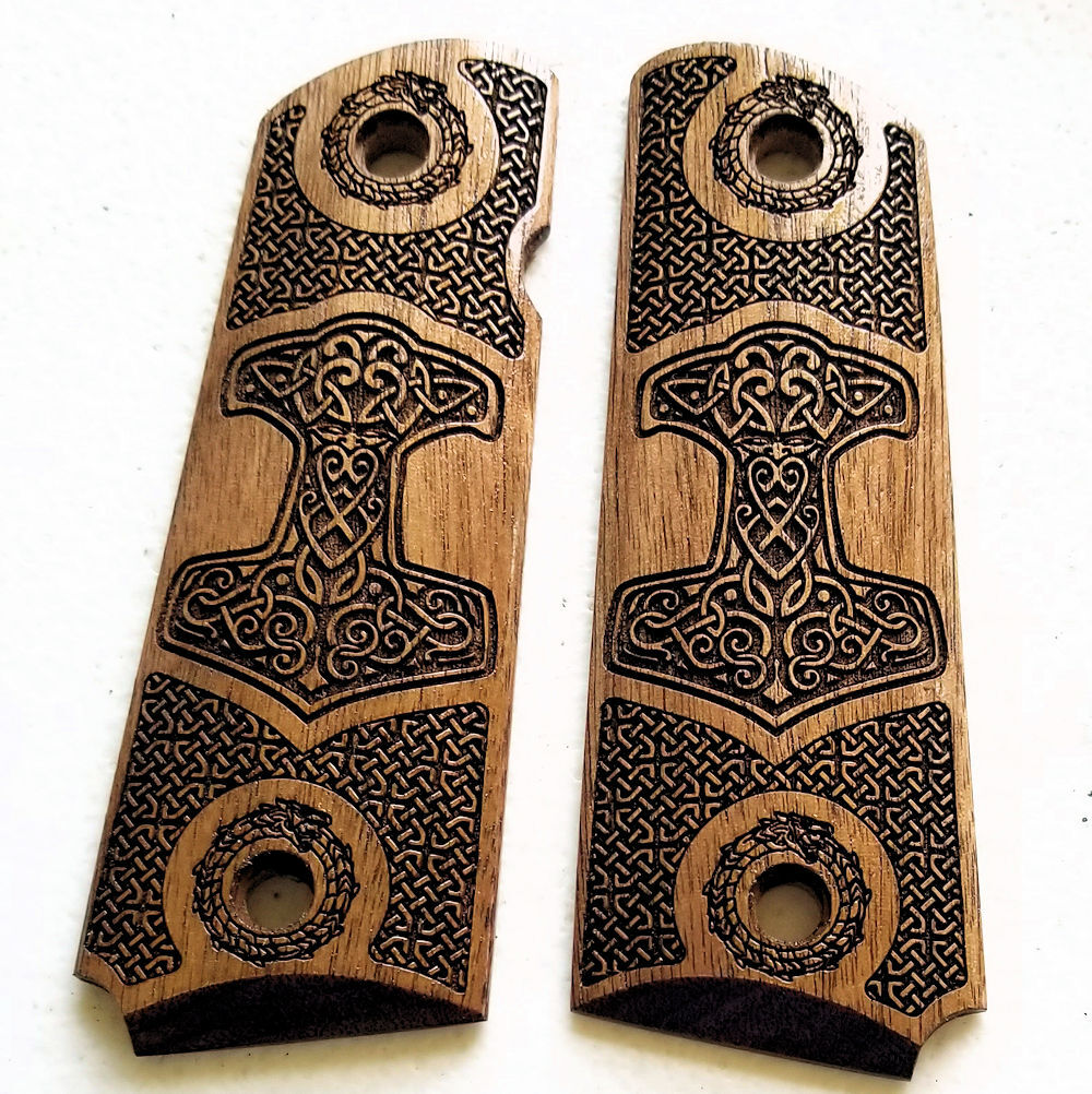 1911 full size engraved walnut wood grips Viking Thor Hammer Mjölnir ...