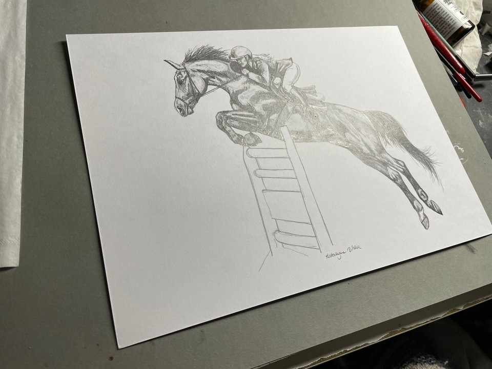 Original Drawing Art Pencil sketch horse riding show jumping power 8 ...