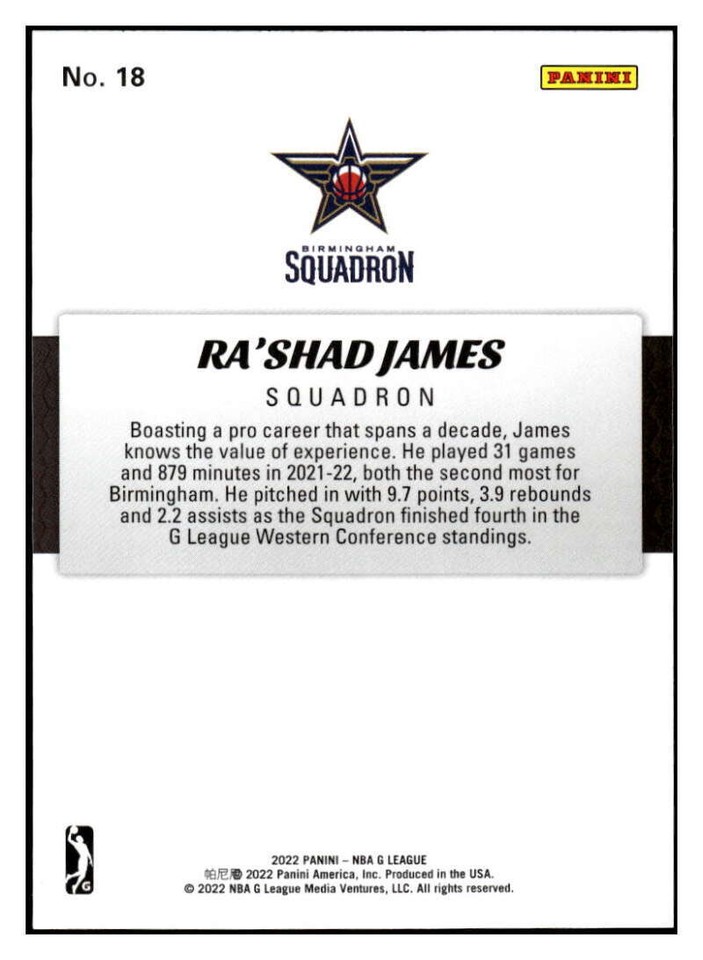 Ra'shad James RC 2021-22 Panini NBA G League #18 Basketball Box Set Pre ...
