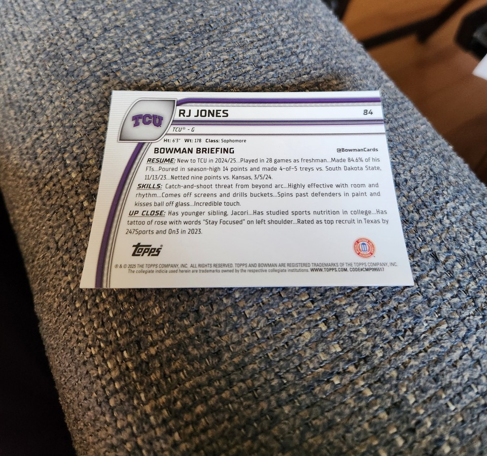 2024-25 Bowman U Chrome Basketball RJ Jones #84 1st Black Wave TCU | eBay