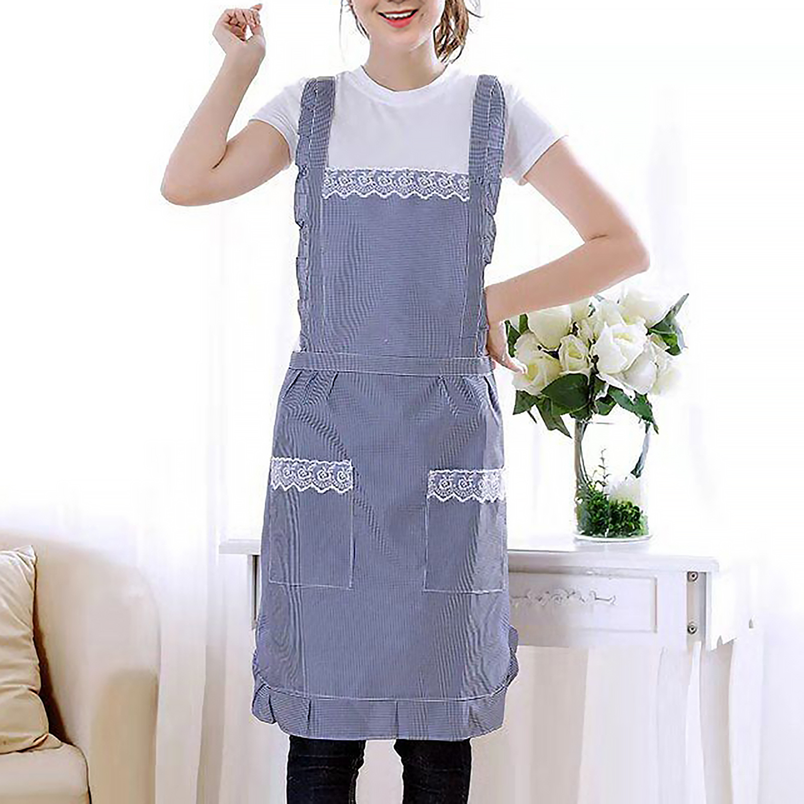 Kitchen Apron Shoulder Strap Design Oil-proof Korean Style Plaid ...