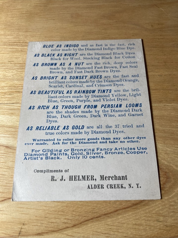 DIAMOND DYES GIRL W/ CAT trade card. R. J. Helmer, Alder Creek, NY. Z69 ...