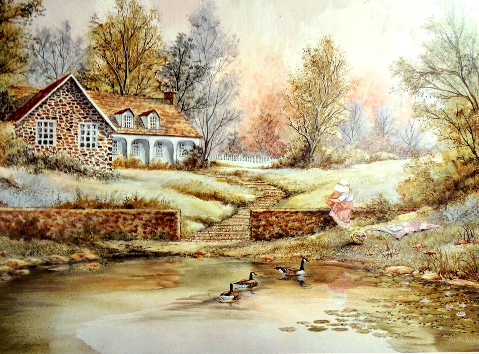 COTTAGE HOUSE PICTURE WATCHING THE DUCKS JAN WARD CALASKI UNFRAMED ...