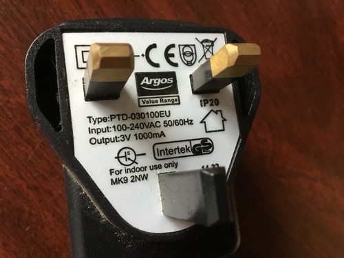 Argos Intertek Mains Adapter, Input 100-240vac 50/60mhz, Output 3v ...