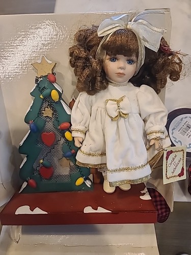 Classic Treasures Porcelain Doll w/Christmas🎄Tree On Wood Stand ...