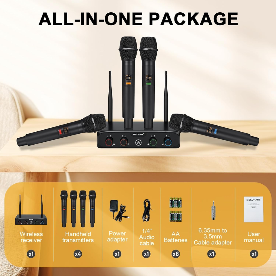 4-Channel Wireless Microphone System - 200Ft Range, Dynamic Handheld ...