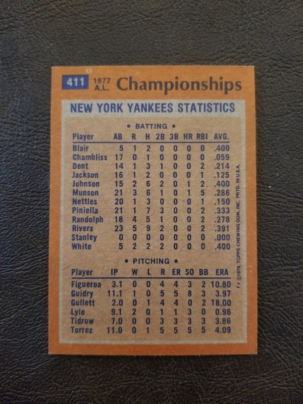 A.L. CHAMPIONSHIPS 1978 TOPPS BASEBALL CARD #411 MINT YANKEES VS ROYALS ...