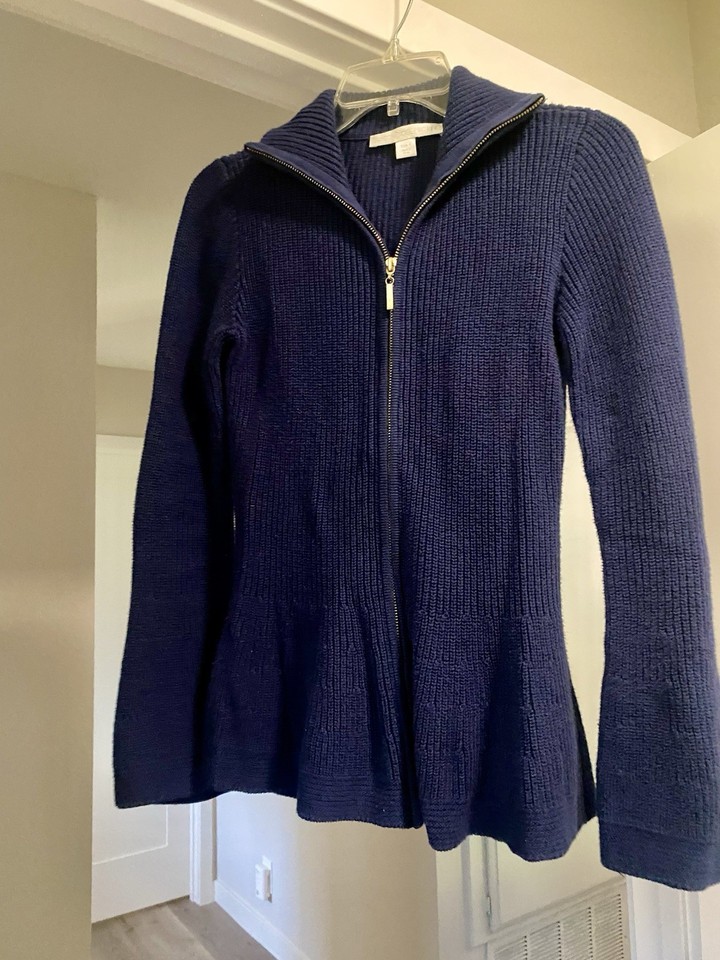 Boston Proper Rib Peplum Full Zip Cardigan Sweater Mock Neck in Navy Sz ...