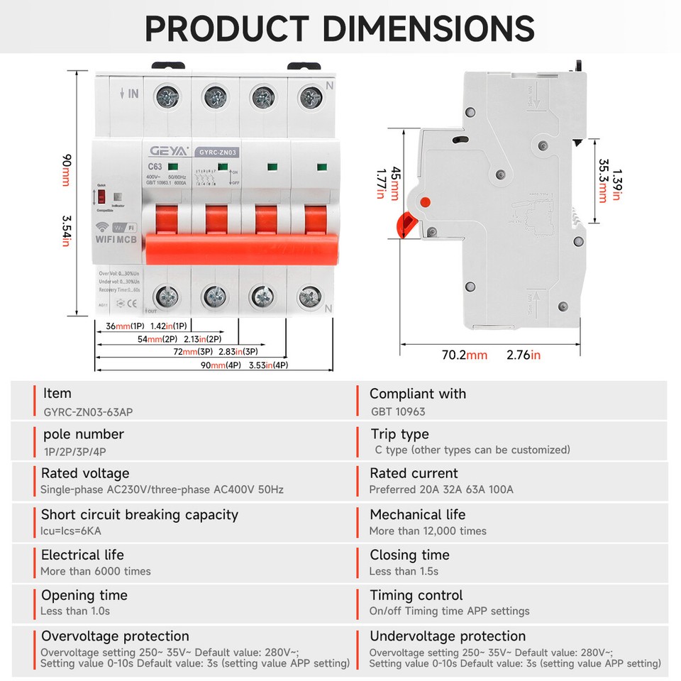 GEYA WIFI Circuit Breaker Time Relay Switch 1-4P 20-100A Voice Remote ...