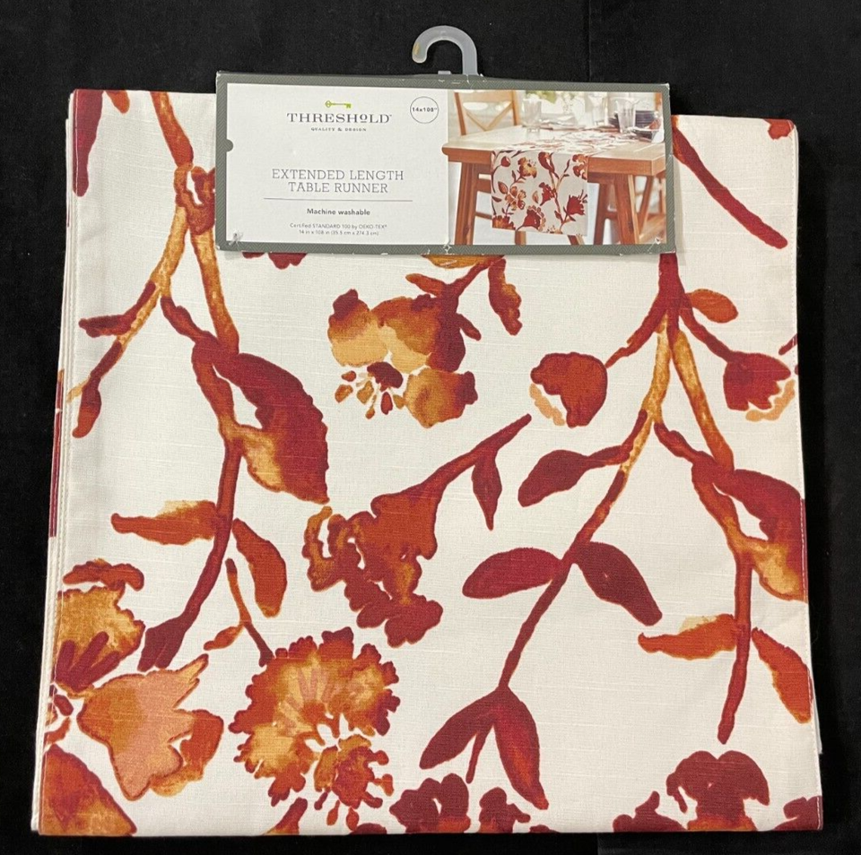 BEAUTIFUL THRESHOLD EXTENDED LENGTH TABLE RUNNER FLORAL BROWN 108" L X ...