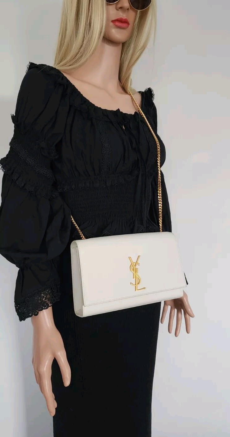 YSL SAINT LAURENT MONOGRAM KATE DOVE WHITE GOLD HARDWARE GRAINED ...