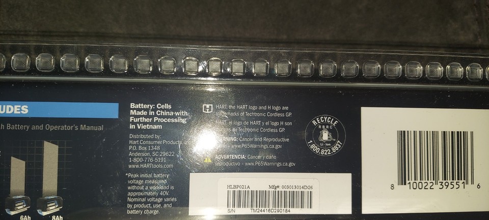 Brand New HART 4.0 AH LITHIUM BATTERY HLBP021A (ECP016387) 810022395516 ...