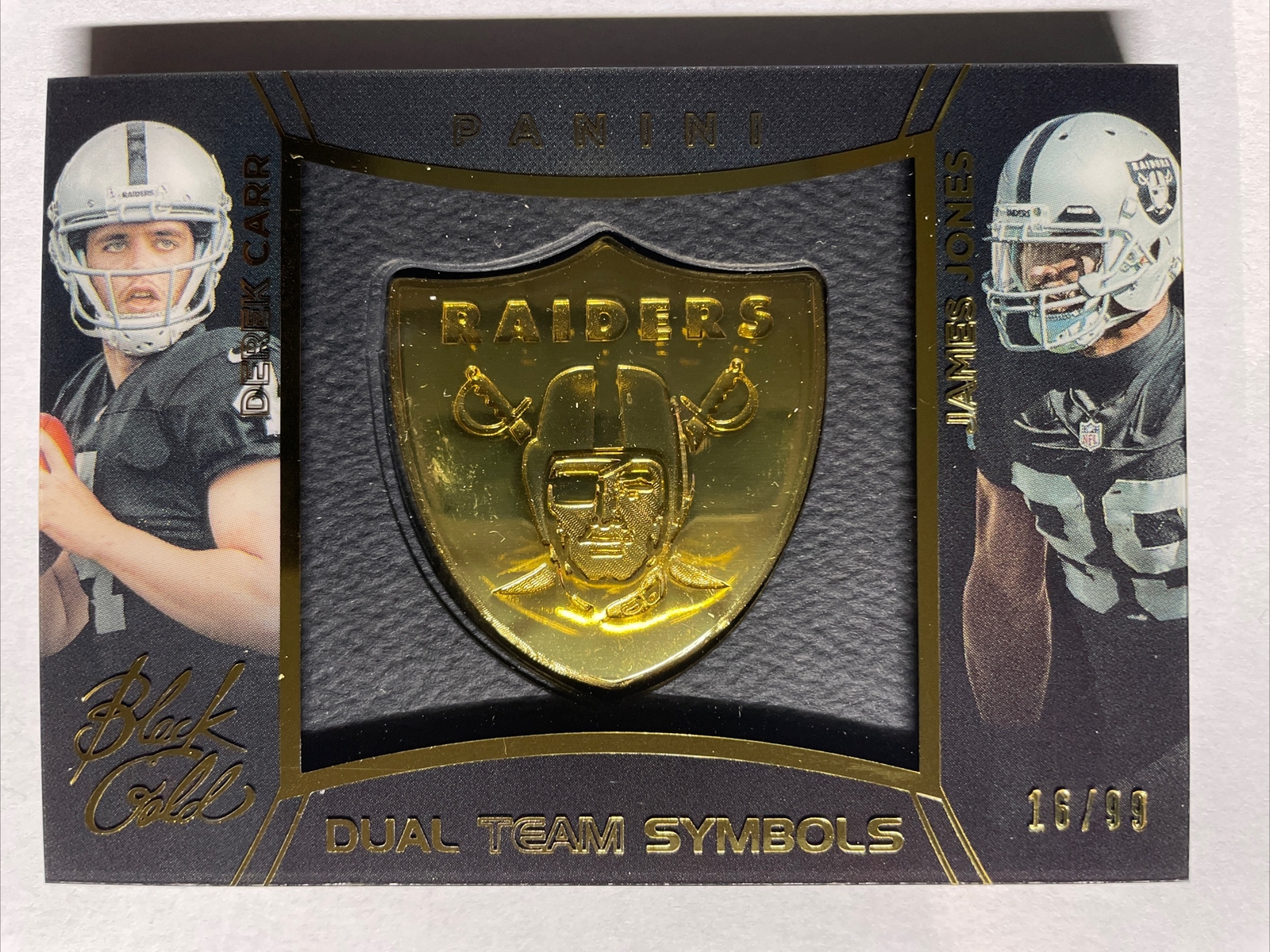 2014 Black Gold DEREK CARR Rookie JAMES JONES Dual Team Symbols 16/99 ...