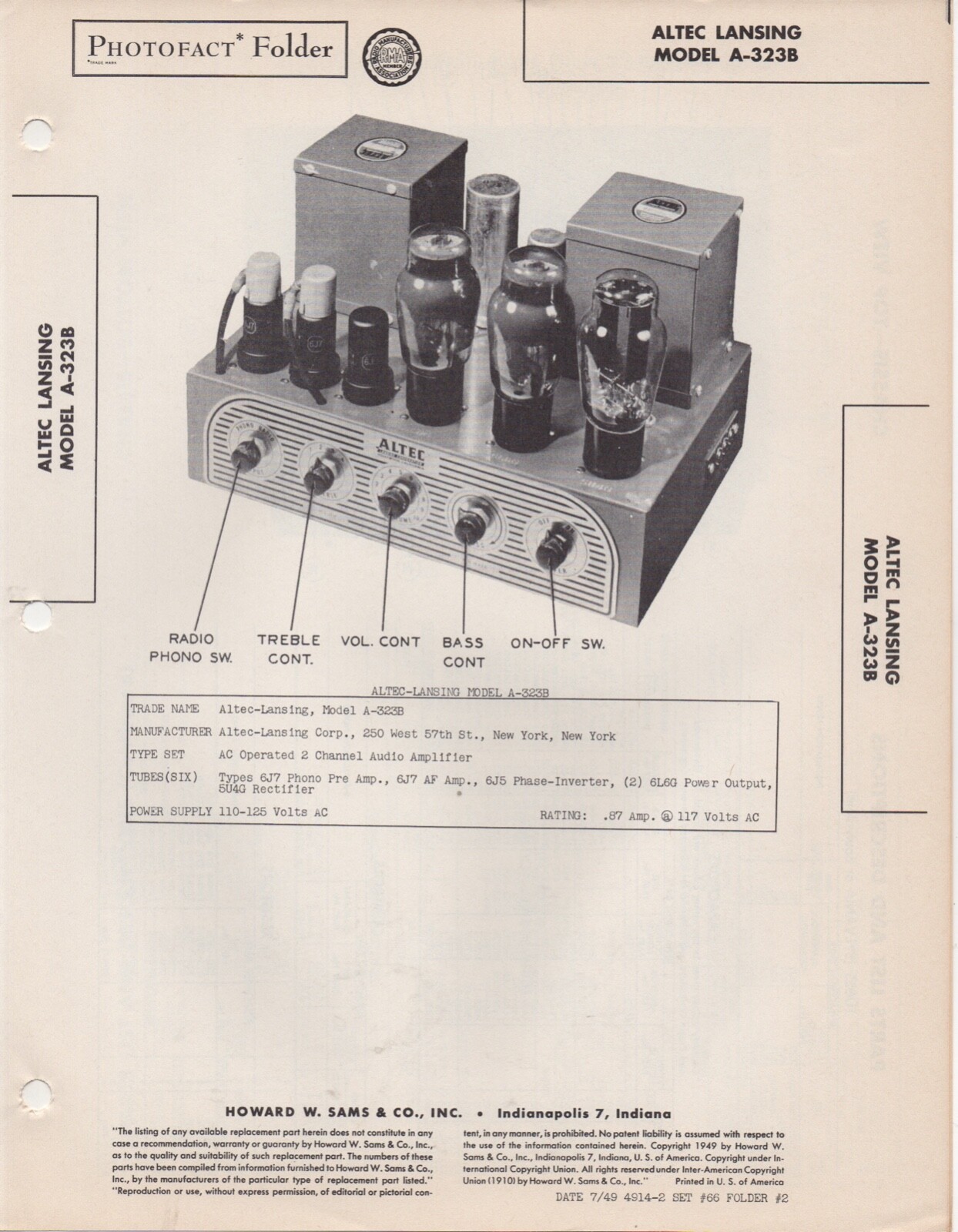 1949 ALTEC LANSING A-323B SERVICE MANUAL SCHEMATIC photofact amp ...
