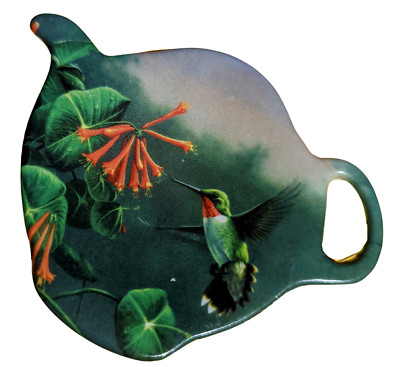 Collectible Spoon Rest shape of aTeapot w/green Bird & orange flowers ...