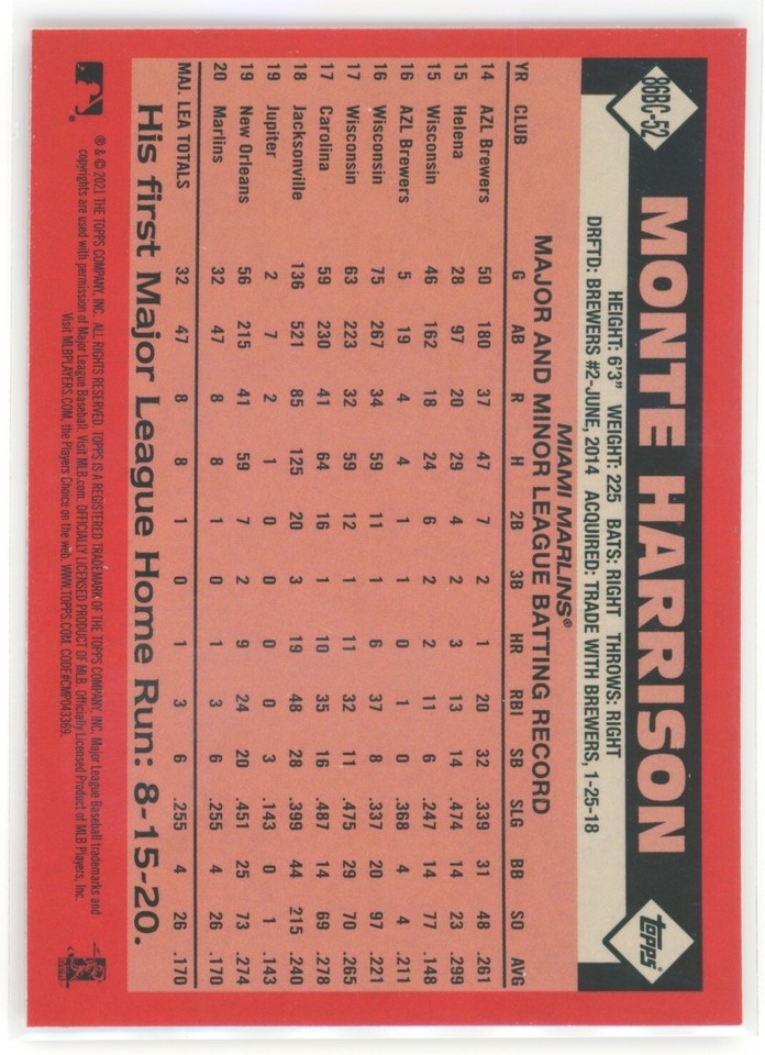 MONTE HARRISON 2021 TOPPS CHROME ROOKIE SILVER PACK REFRACTOR #86BC-52 ...