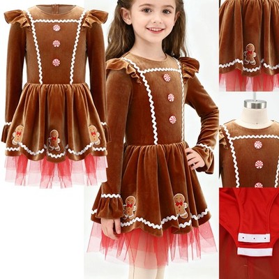 Christmas Girls Gingerbread Man Dress Long Sleeve Ballet Tutu Dance ...