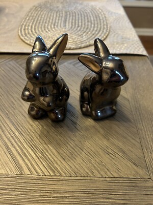 Sweet & Lovely Pair Of Ceramic Gun Metal Color Easter Bunnies. | eBay