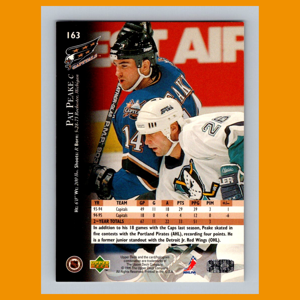Pat Peake #163 1995-96 Upper Deck Washington Capitals Hockey Card NHL ...