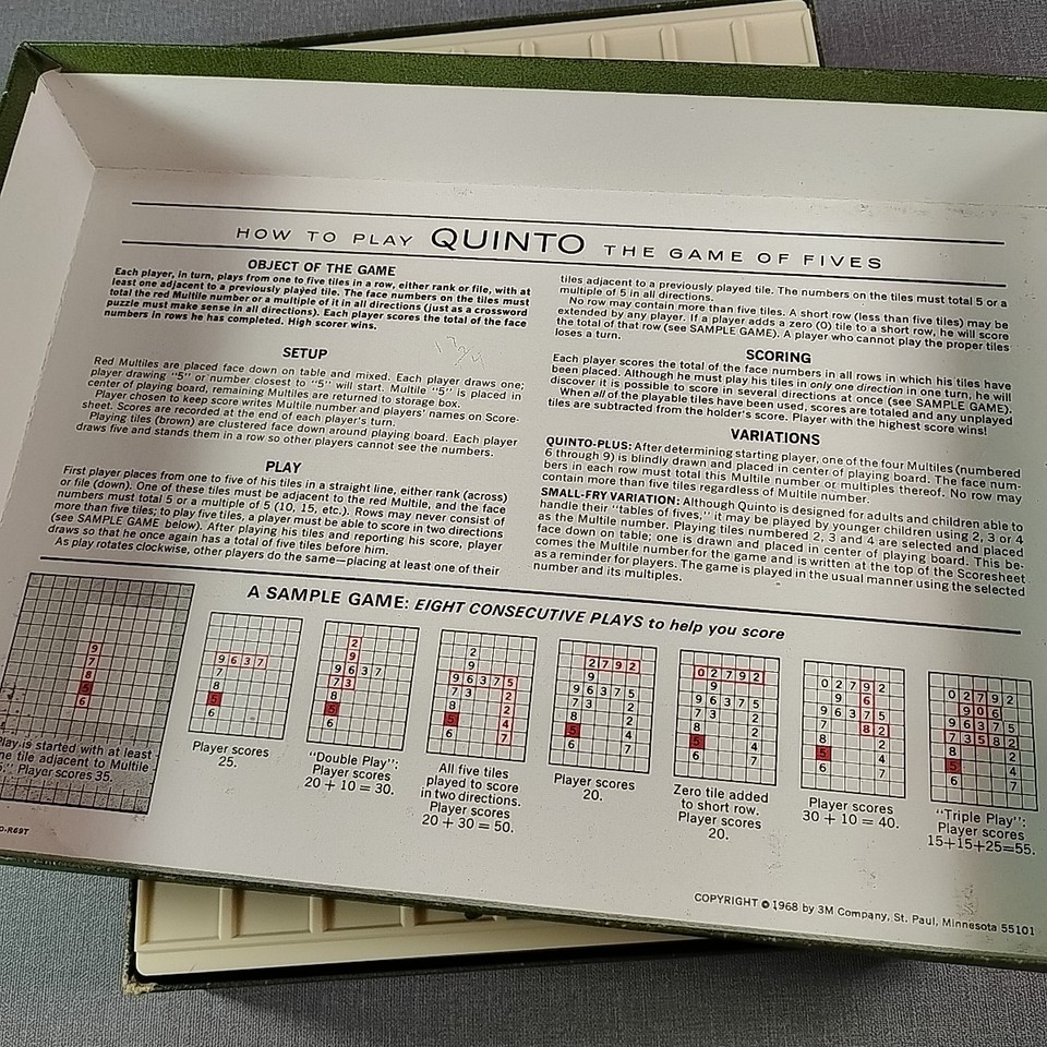 Quinto 3M Bookshelf Board Game Strategy Tiles Numbers Vintage 1968 ...