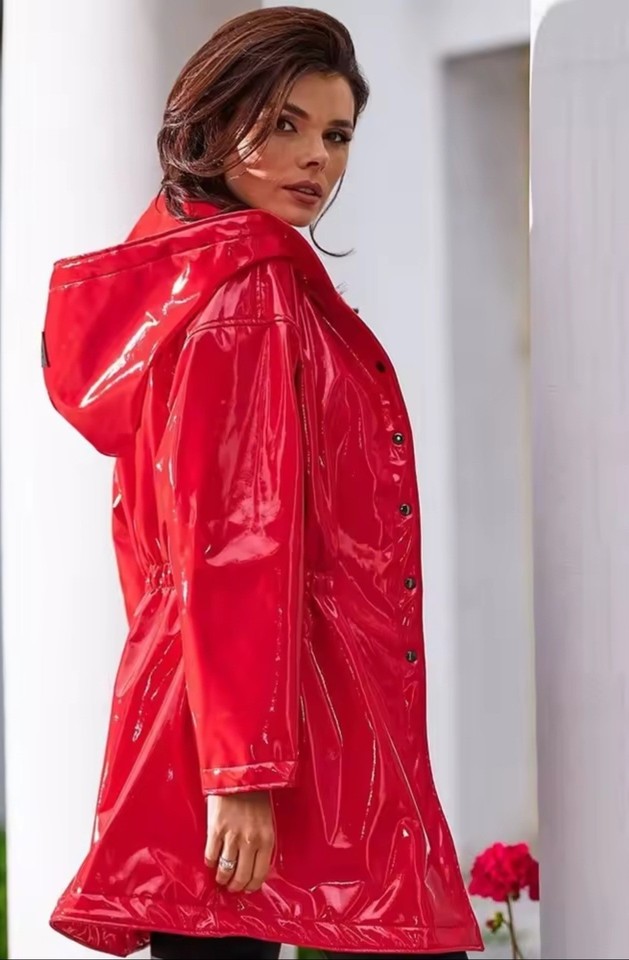 Fabulous Shiny Red Patent Parka Anorak Women's 4XL Long Sleeve PVC Sexy ...