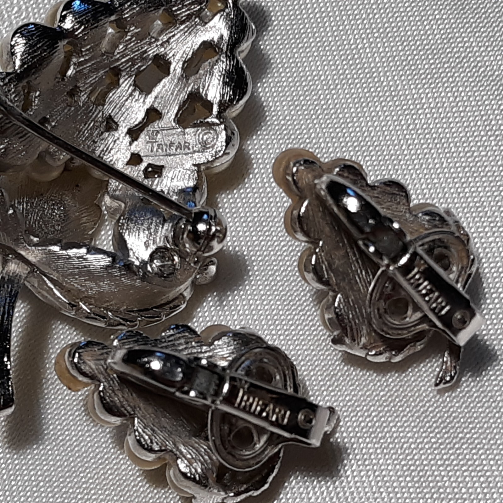 C1940s Alfred Philippe Design Crowned Trifari Pearl & Silver Earrings ...