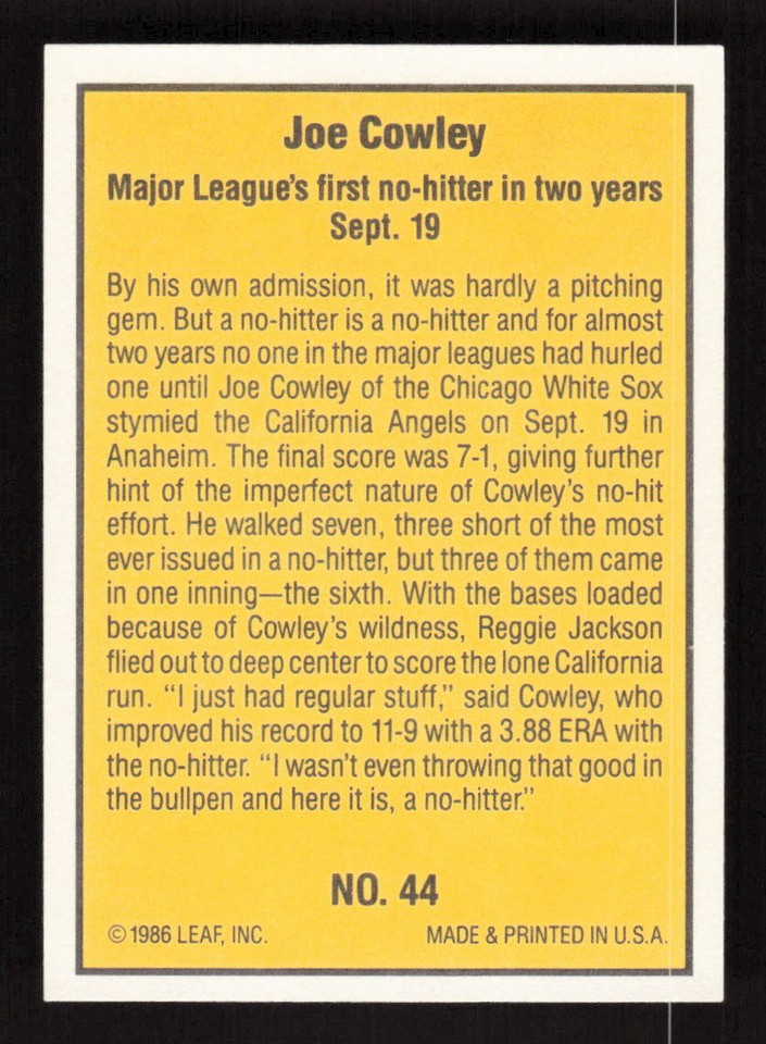 1986 Donruss Highlights #44 Joe Cowley Chicago White Sox | eBay