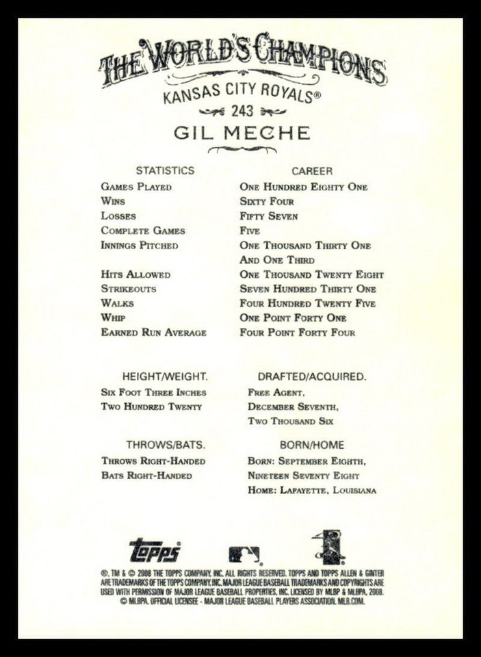 2008 Topps Allen & Ginter Gil Meche #243 Kansas City Royals | eBay