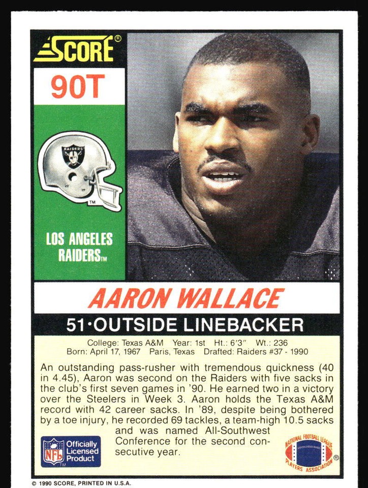 1990 Score Rookie & Traded Aaron Wallace Rookie #90T Los Angeles Raiders | eBay