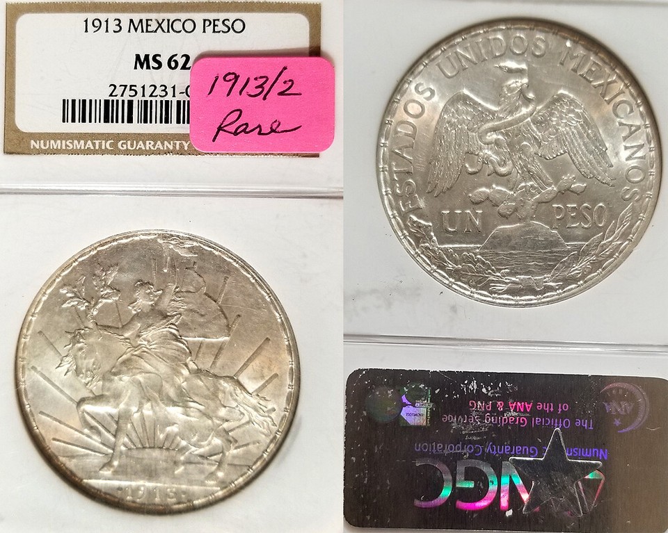 Mexico 1913/2 Peso, Rare Variety, High Grade, Superb NGC 62, 3/2 Not On ...