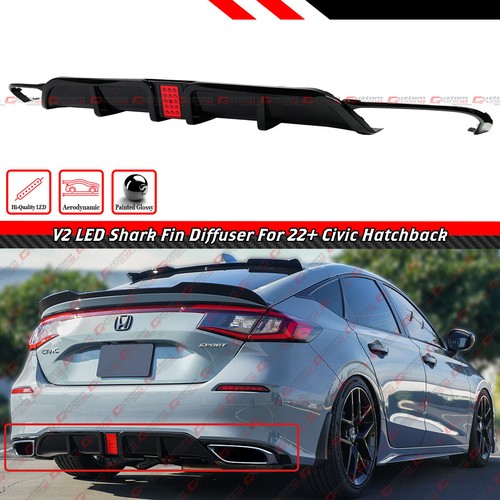 FOR 22-25 HONDA CIVIC HATCHBACK FL1 FL2 V2 GLOSSY BLACK LED REAR BUMPER ...
