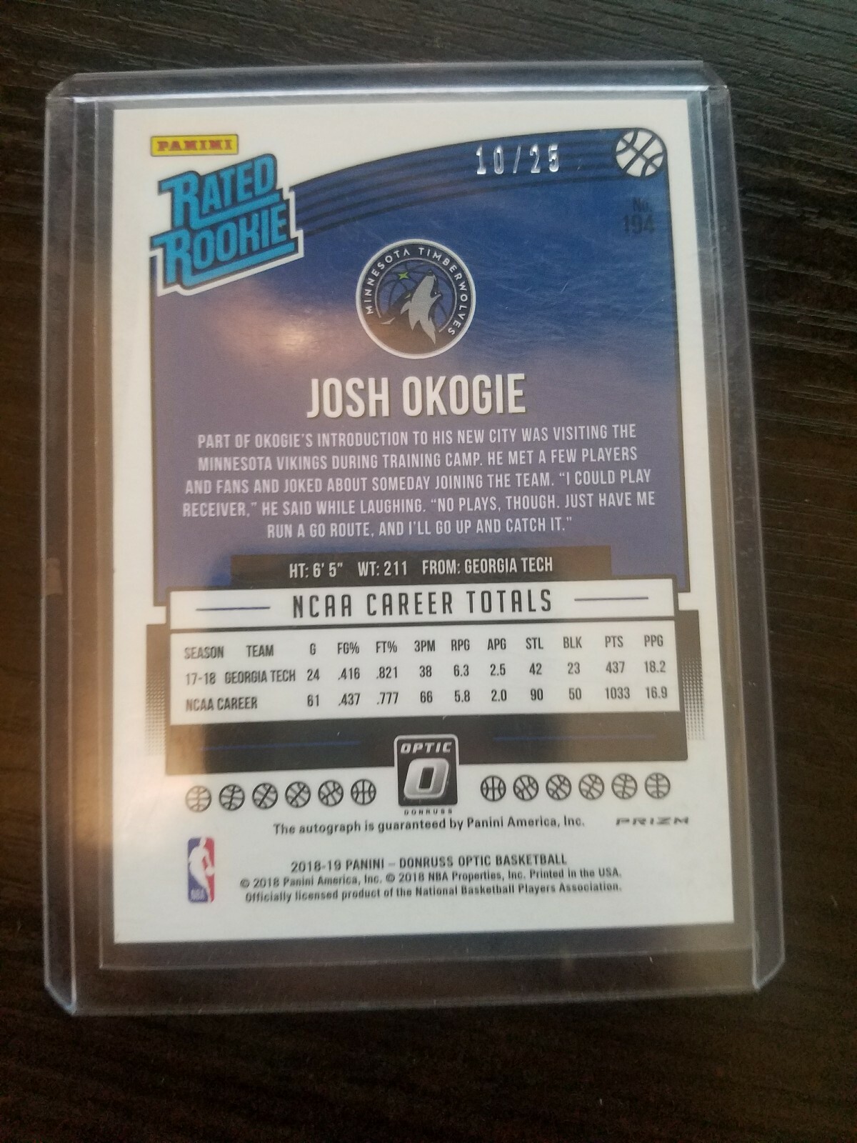 2018-19 Donruss Optic Rated Rookies Signatures Pink #194 Josh Okogie ...