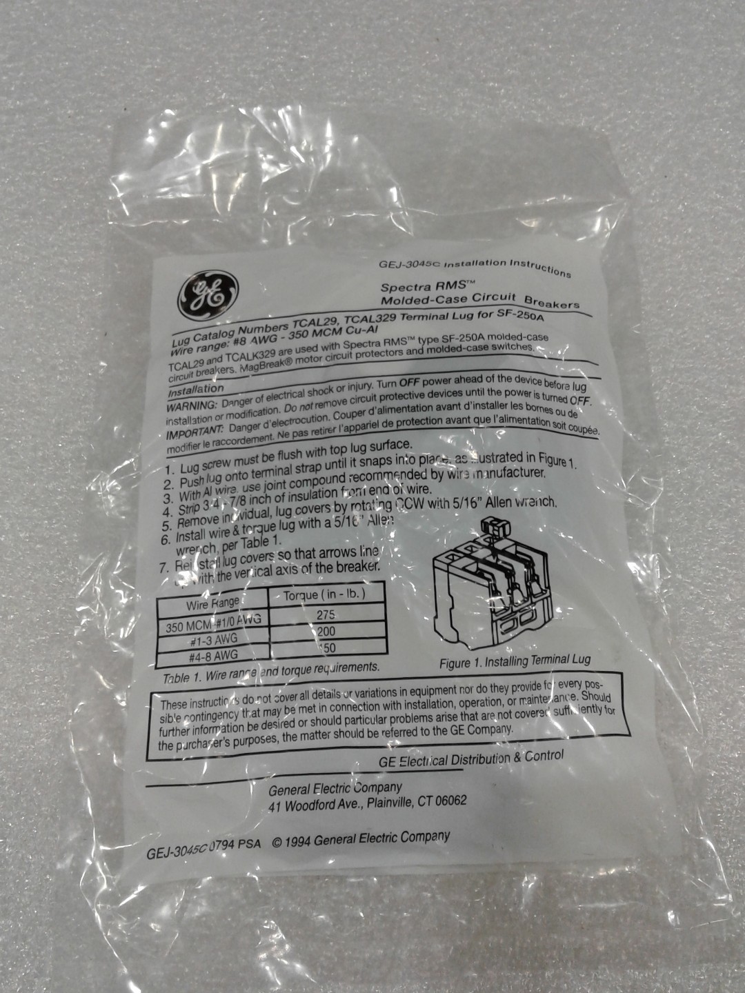 TCAL29 GE LUG SF FRAME #8-350 KCMIL CUAL MAX 250 AMPS NEW | eBay