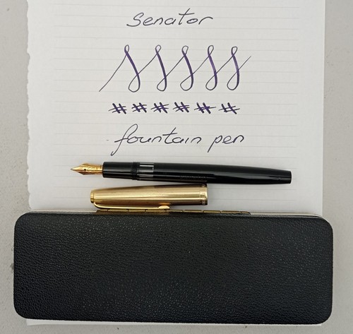 SENATOR GOLDEN CUP BLACK PISTON FOUNTAIN PEN 14K F FLEX NIB VTG ...