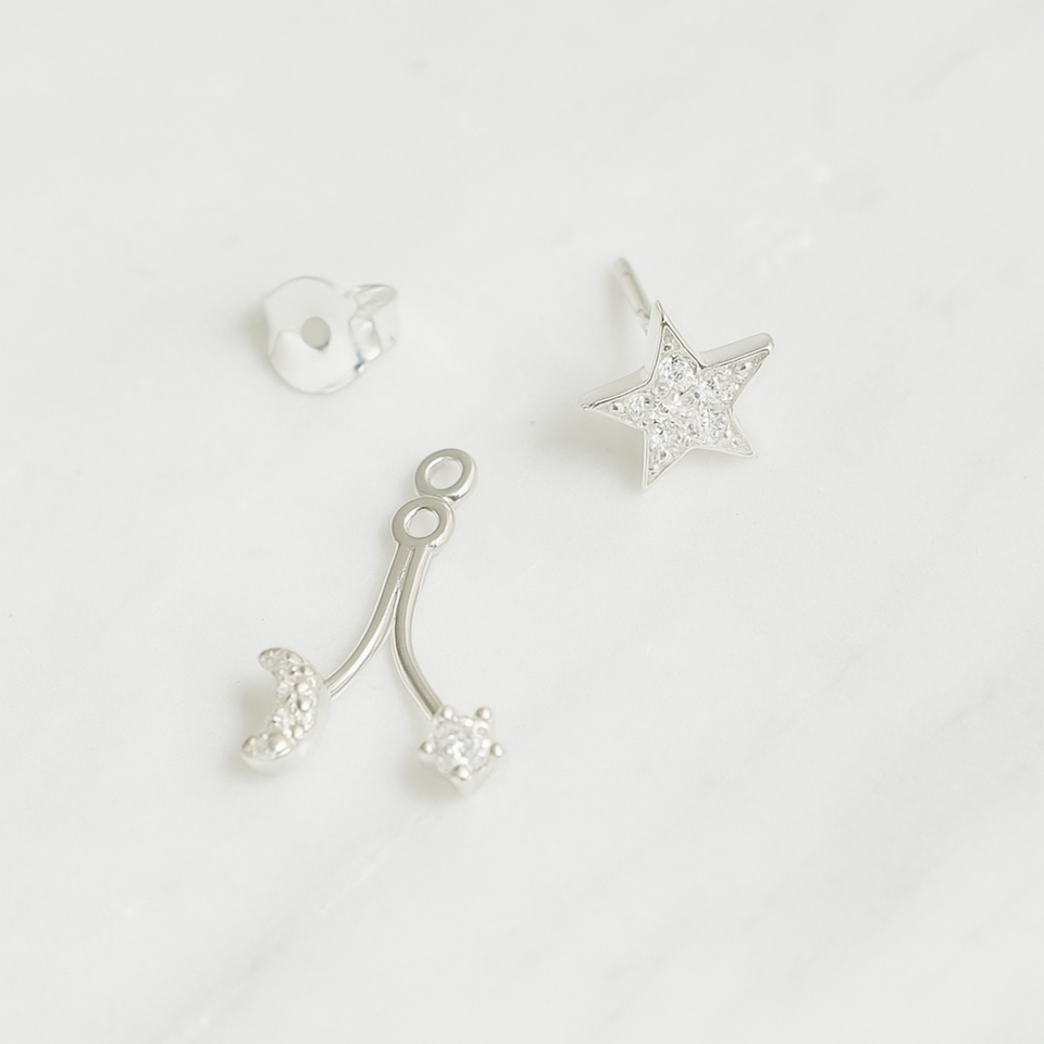 Sterling Silver Star Crescent Moon CZ Drop Double Side Jacket Stud ...