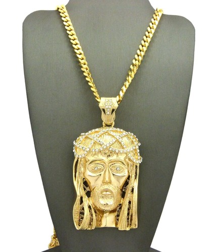 MENS HIP HOP 14K GOLD PLATED JESUS PENDANT W/ 36" FRANCO CHAIN NECKLACE ...