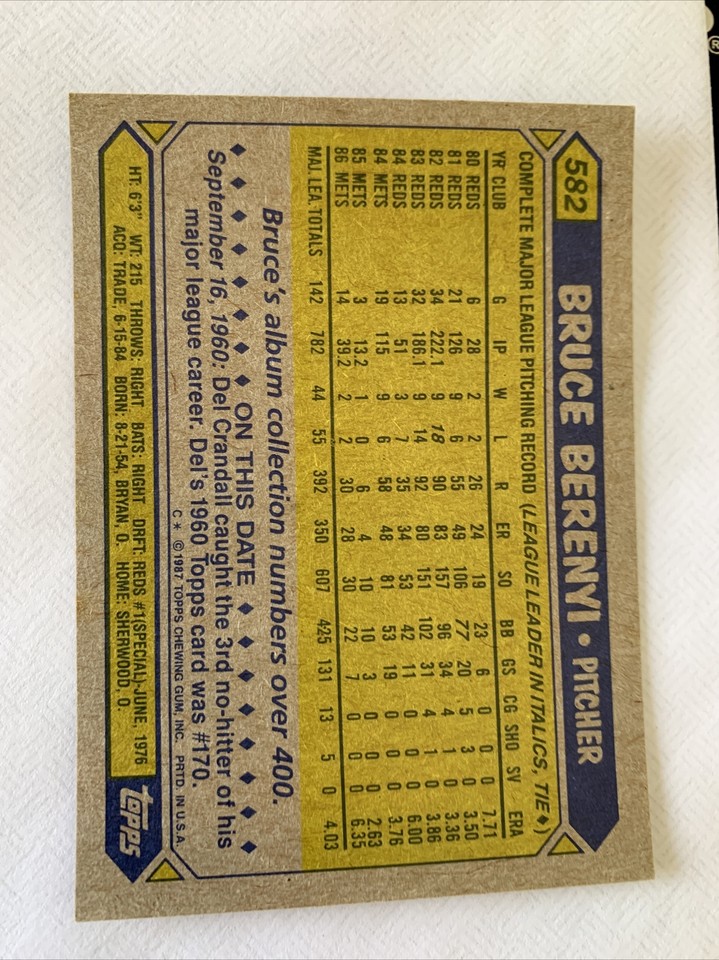 1987 Topps Baseball Card #582 Bruce Berenyi New York Mets NmMt Free ...