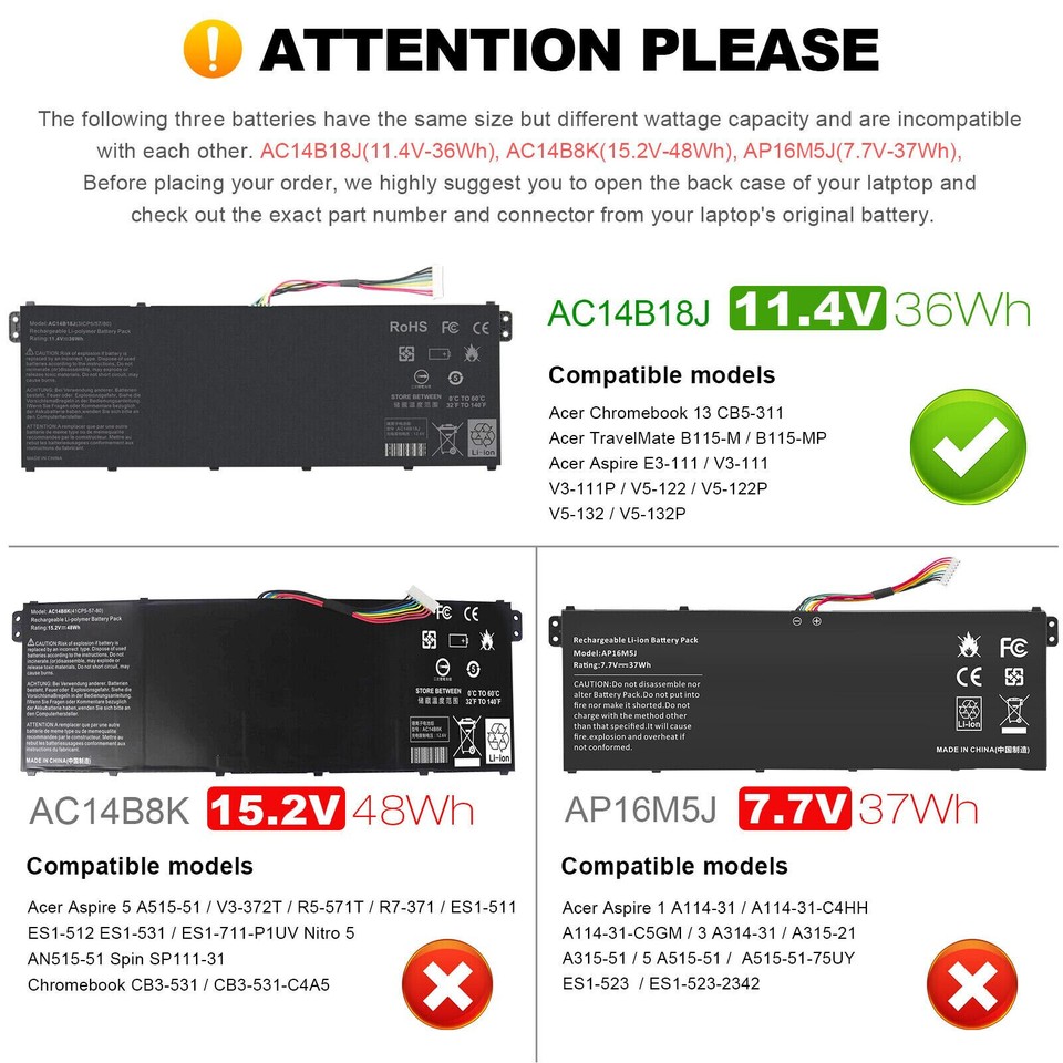 AC14B18J Battery for Acer Chromebook 11 CB3-111 13 CB5-311 15 C910 ...