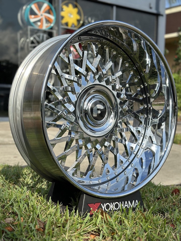 26" CHROME FORGIATO TESSUTO 5X5 DONK STAGGERED THREE PIECE WHEELS AND ...