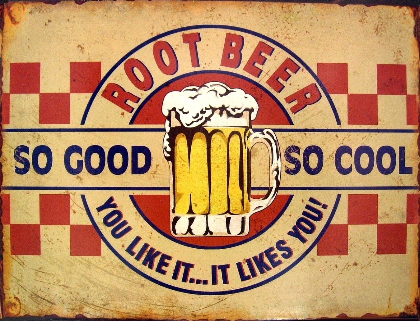 TIN SIGN "Root Beer Red Checks" Beverages Signs Garage Wall cafe pub ...