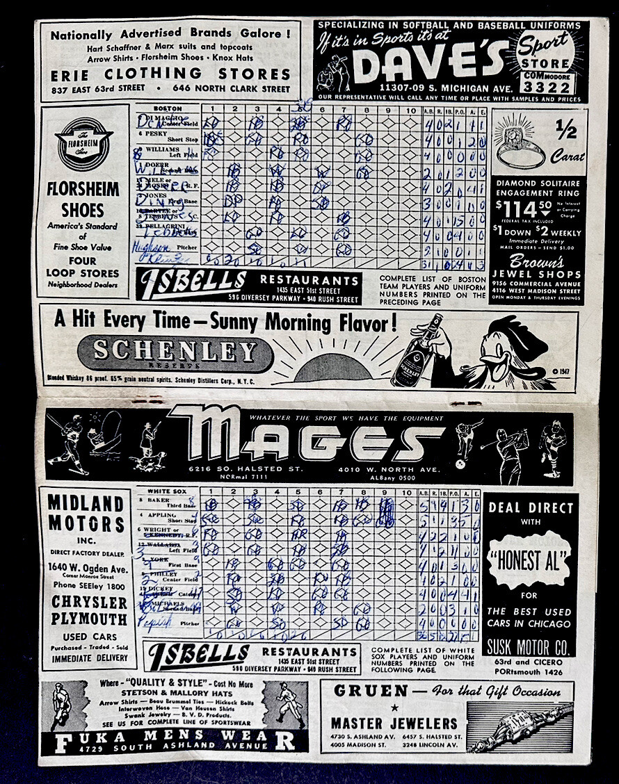 1948 Chicago White Sox Vs Red Sox Signed By 14 Score Book Rudy York Red ...