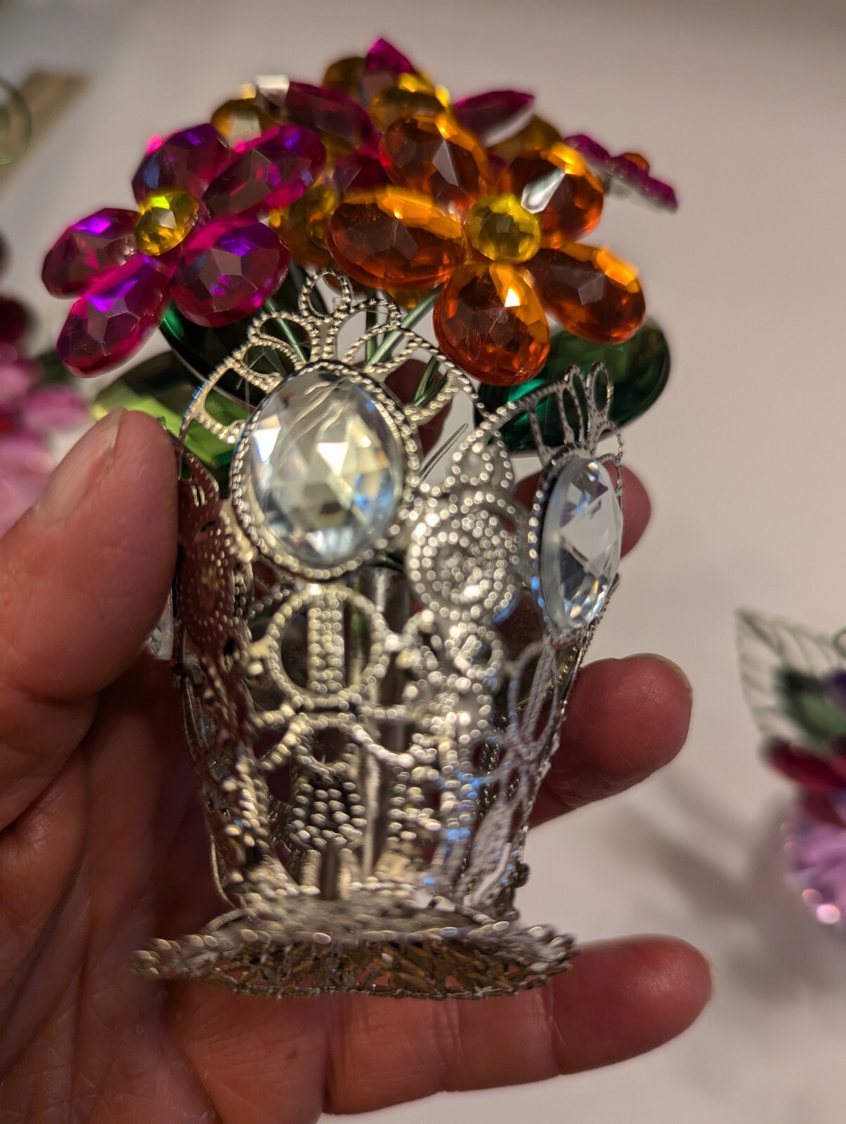 Set Of 3 Crystal Expressions Acrylic Posy Pots & Filigree Basket Floral ...