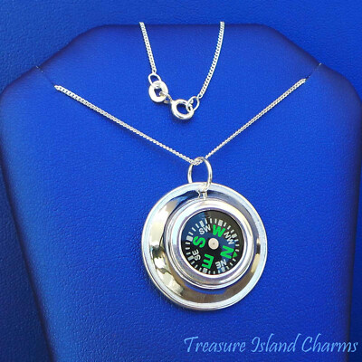 Real Working Compass 925 Sterling Silver Pendant Necklace 16" or 18 ...