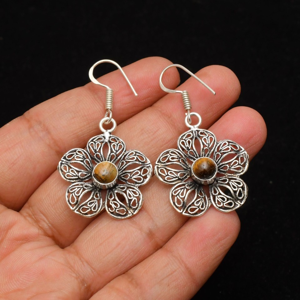 Tiger Eye's Gemstone925 Sterling Silver Jewelry Earrings 1.77" | eBay UK