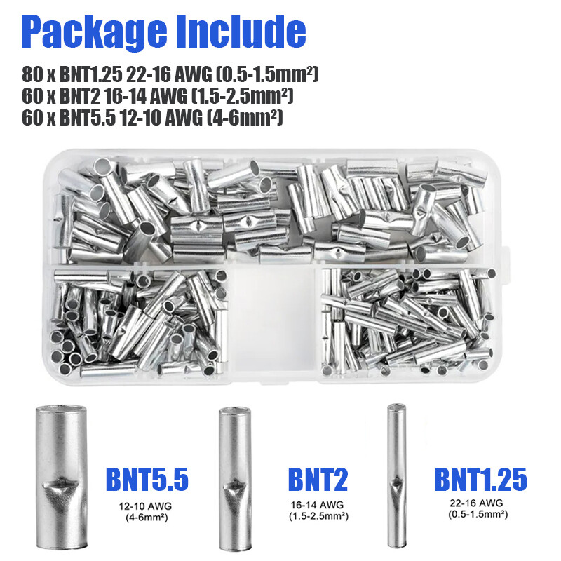 200x Aluminum Bare Wire Splice Terminals Ferrule Butt Crimp Connectors ...
