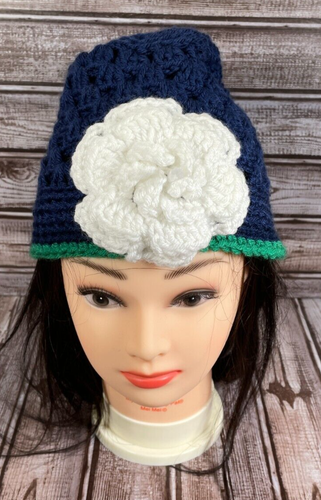 Handmade Blue White Women Flower Soft Crocheted Beanie Hat USA NEW | eBay