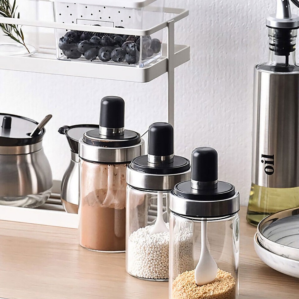 Glass Spice Jars Seasoning Box Condiment Jar With Lids Spoon Kitchen ...